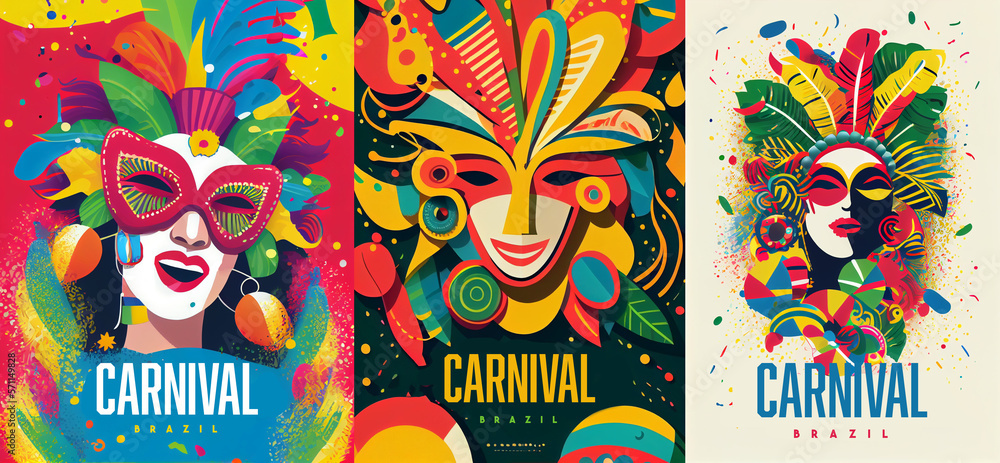 Set of Colorful Brazil Carnival Posters. Woman Wear Traditional Feather ...