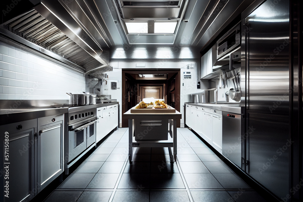 Professional kitchen, view counter in stainless steel. Stock ...