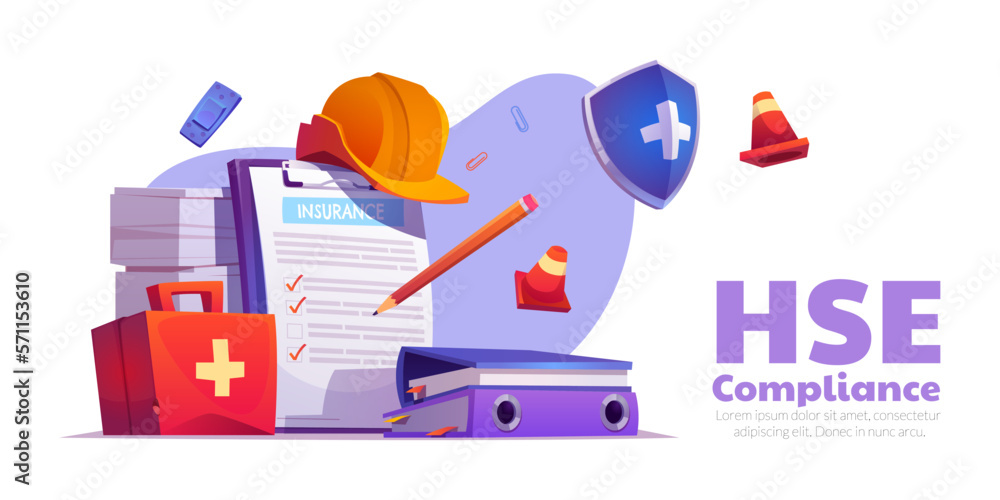 HSE compliance cartoon banner template. Vector illustration of ...