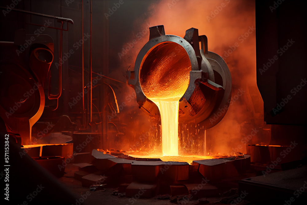 Liquid iron molten metal pouring in container, industrial metallurgical ...