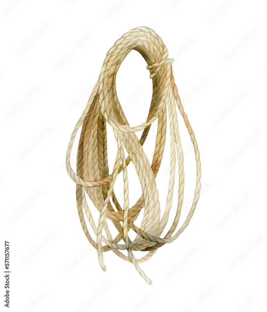 Watercolor hanging coil of rope roll, hand drawn marine illustration ...