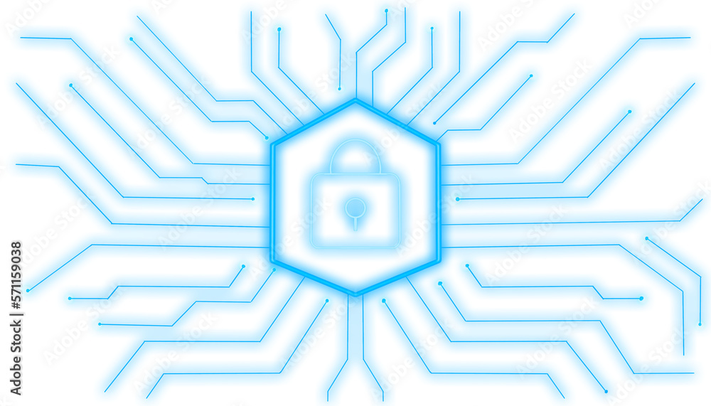 Cybersecurity overlay transparent background. Blue padlock with connections and wires around for ...