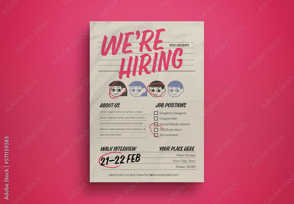 Cream Retro Illustration We're Hiring Flyer Layout Stock Template ...