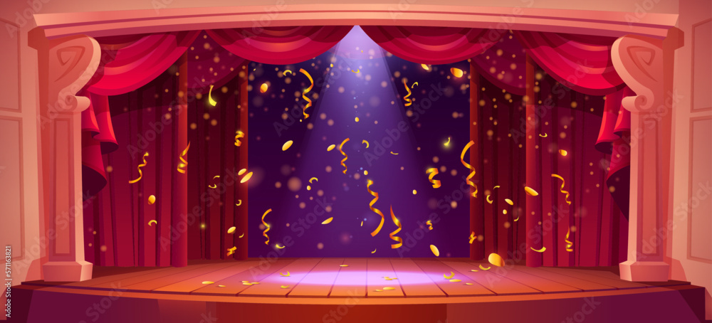 Theater stage with red curtain, light and confetti vector cartoon ...
