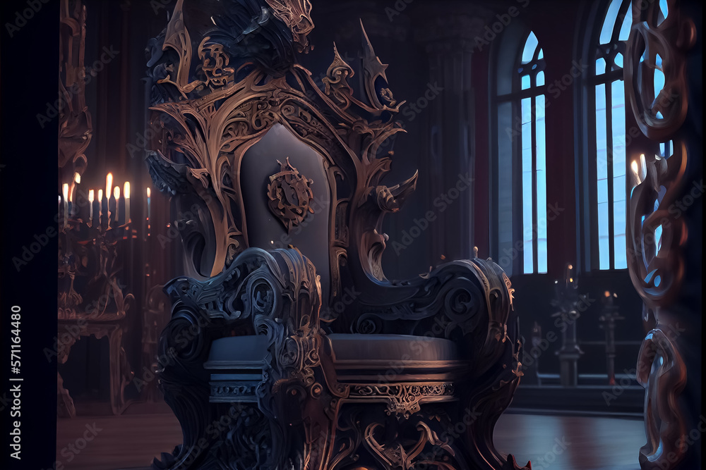 Abstract illustration design of empty throne in palace dark hall . AI ...