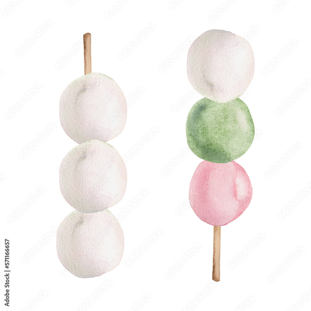 Watercolor hand drawn traditional Japanese sweets. Three color dango ...