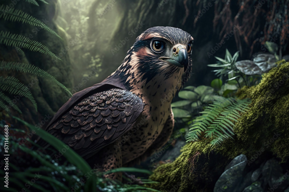 A wise and silent falcon is nestled behind the lush leaves in the ...