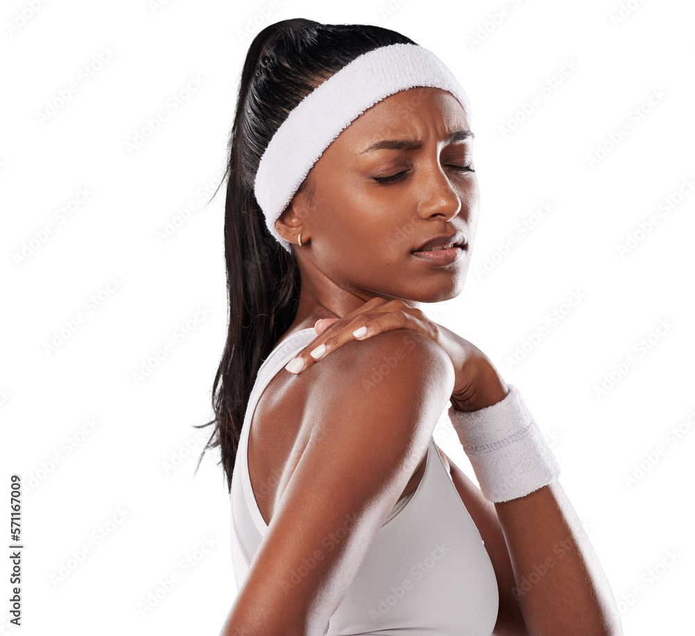 A fit female athlete in pain after a sports injury, shoulder pain or a ...