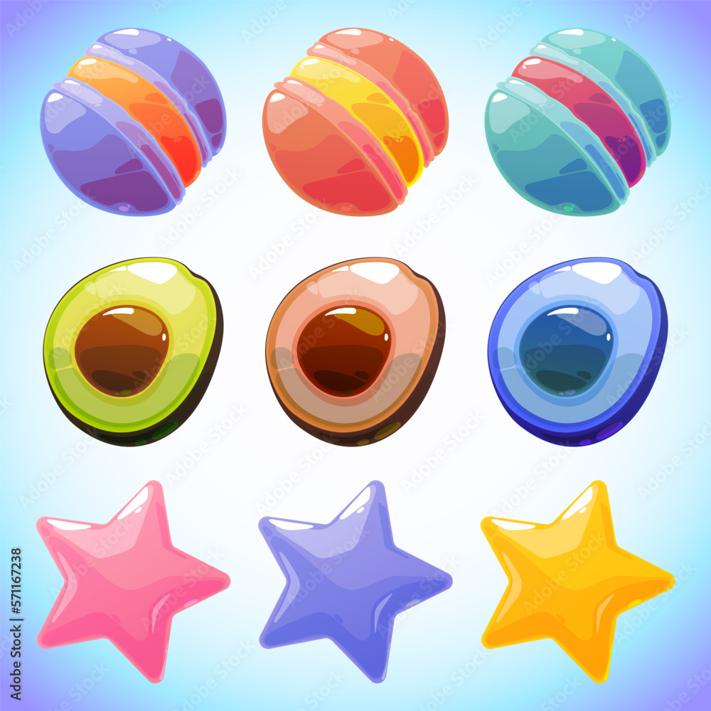 Set of nine objects for interface design. Bright multi-colored cake ...