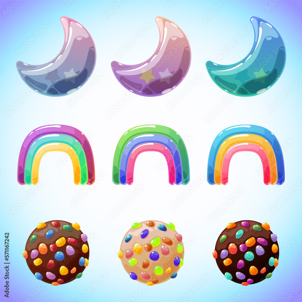 Set of nine objects for interface design. Bright multi-colored crescent ...