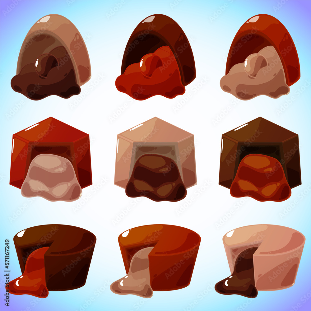 Set of nine objects for interface design. Bright sweets with filling ...