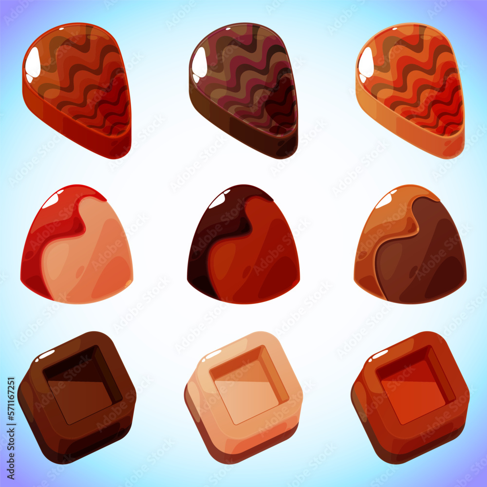 Set of nine objects for interface design. Bright sweets with filling ...