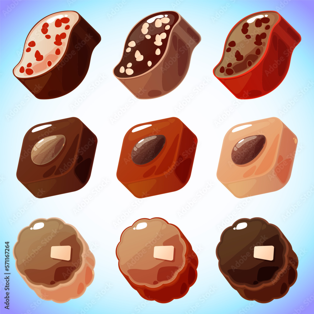 Set of nine objects for interface design. Bright sweets with filling ...