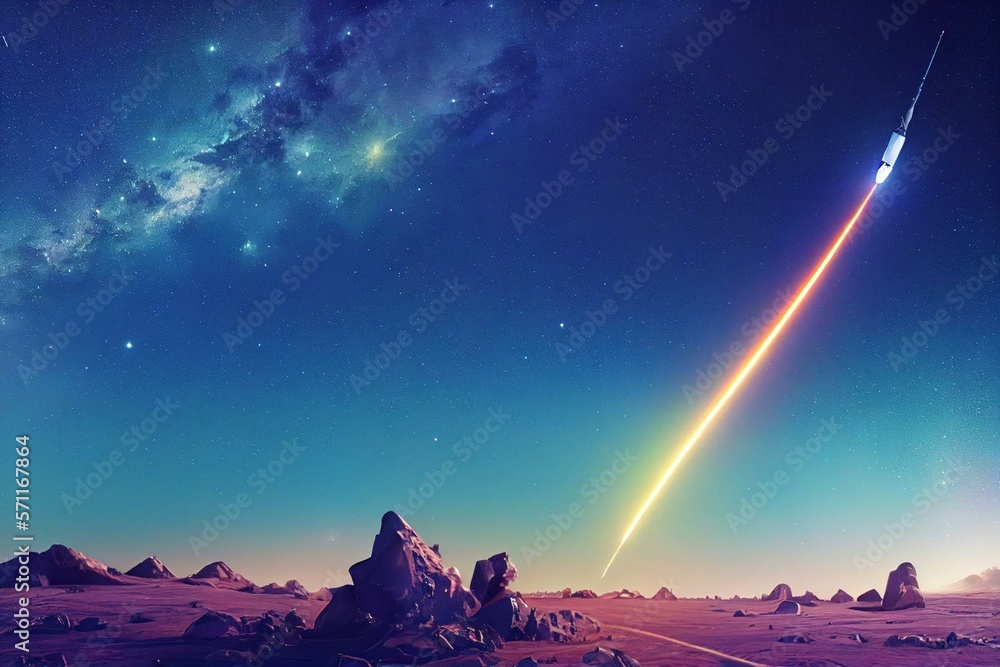 Spacecraft takes off into the starry blue sky with the milky way ...