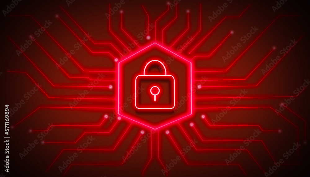 Cybersecurity overlay, padlock in red for password concept. Connections ...