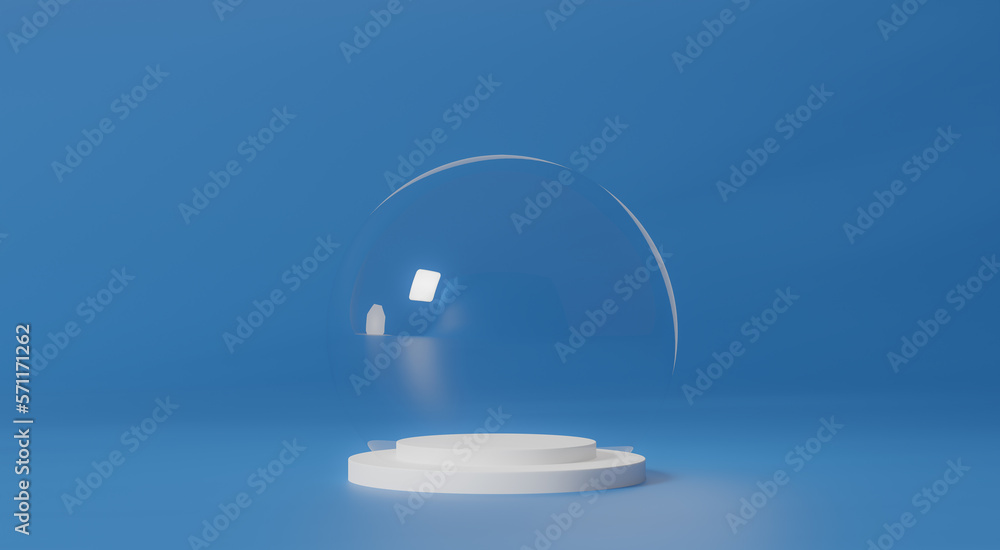 3d rendering A white cylindrical podium topped by a hemispherical glass ...