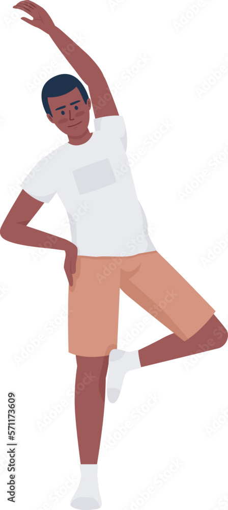Young man stretching arm and standing on one leg semi flat color vector ...