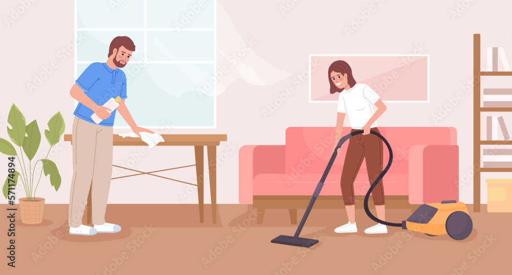 Sharing household responsibilities flat color vector illustration ...
