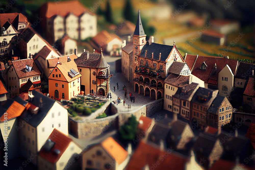 Diorama with miniature model of a medieval small European town ...