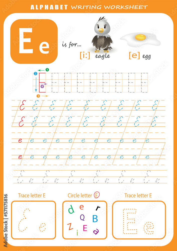 E letter handwriting practice worksheet. Alphabet letter tracing ...