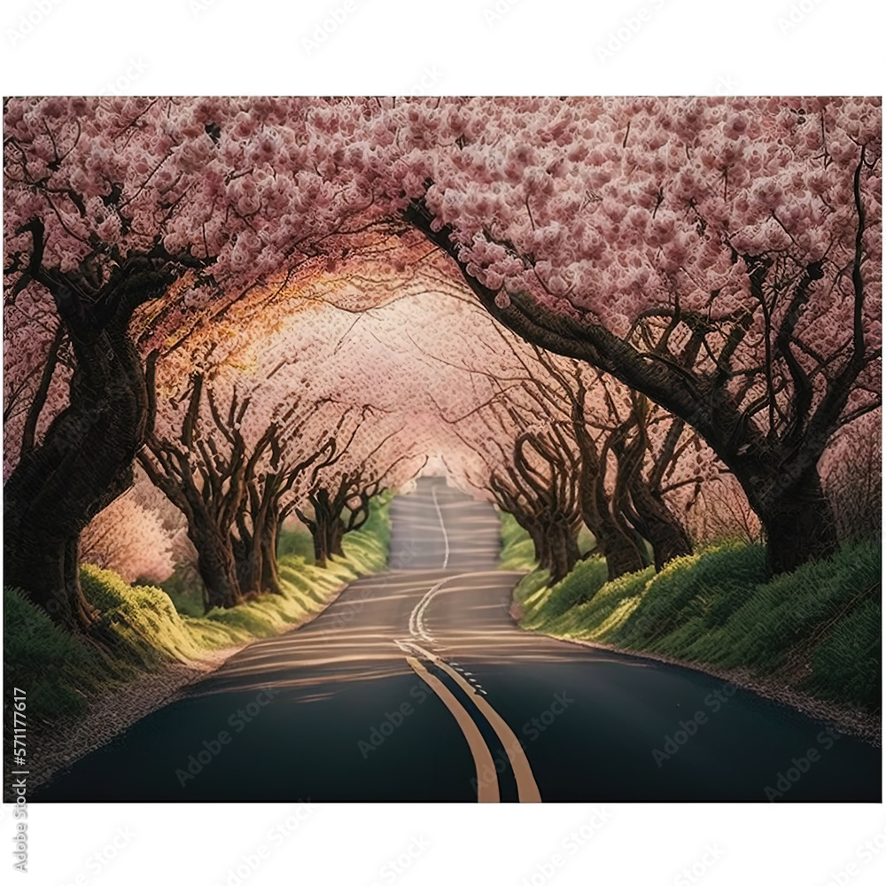 cherry blossoms along the road way, digital art, painting, quiet ...