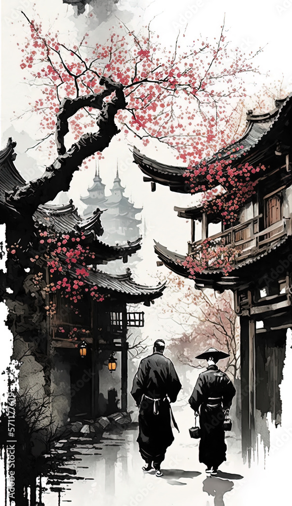 cherry blossoms along the road way, digital art, painting, feudal japan ...