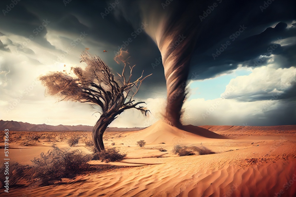 Tornado in the desert. Storm wind with an air funnel in the desert. Desert twister, whirlwind ...