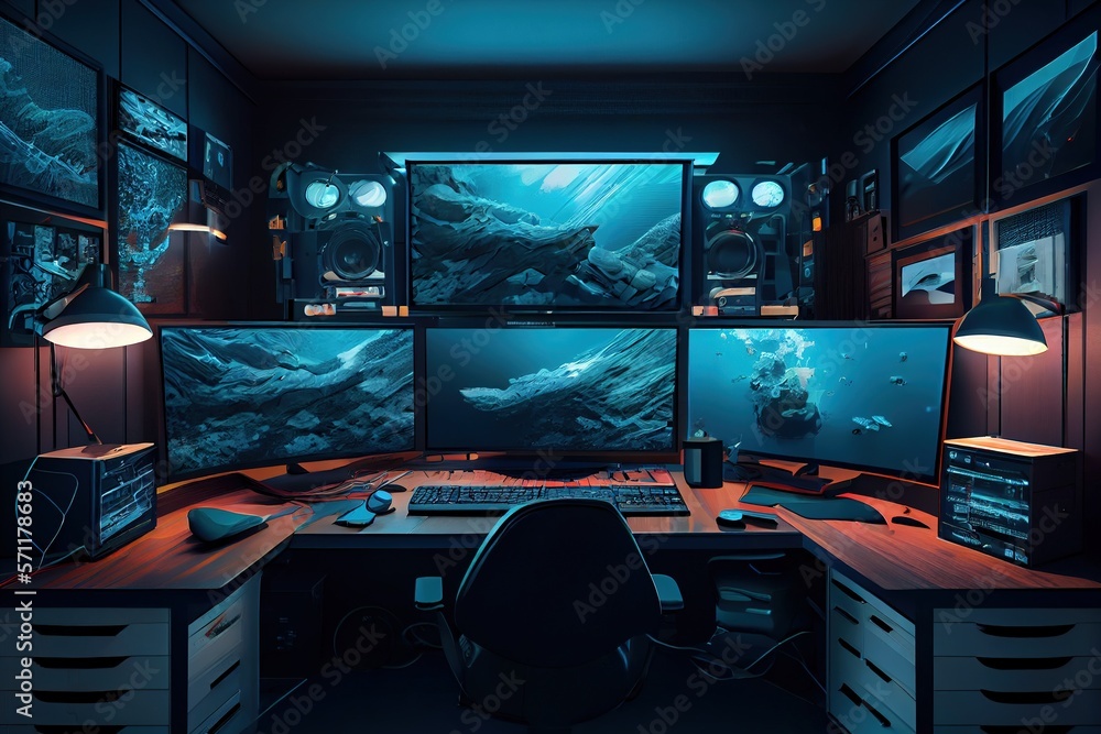 Computer room with multiple screens. Trader's or hacker's workplace ...