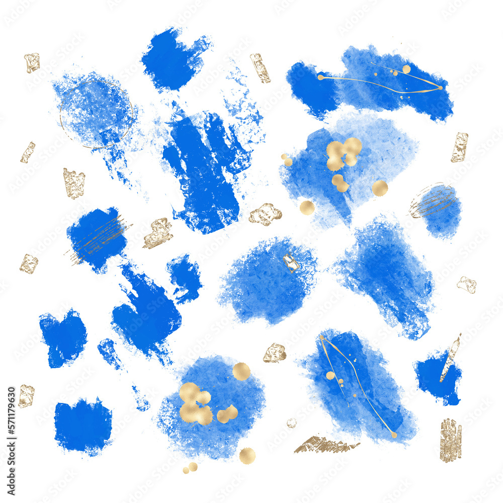 wet abstract smudges, mini blue and gold brush stroke element ...