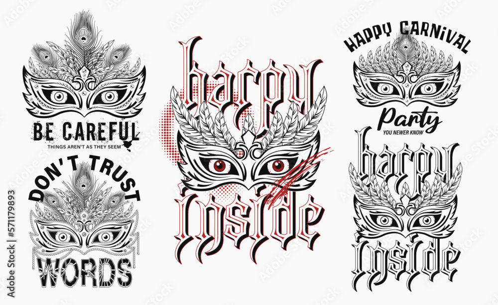 Vetor de Set of labels with masquerade mask, feathers, staring eyes ...