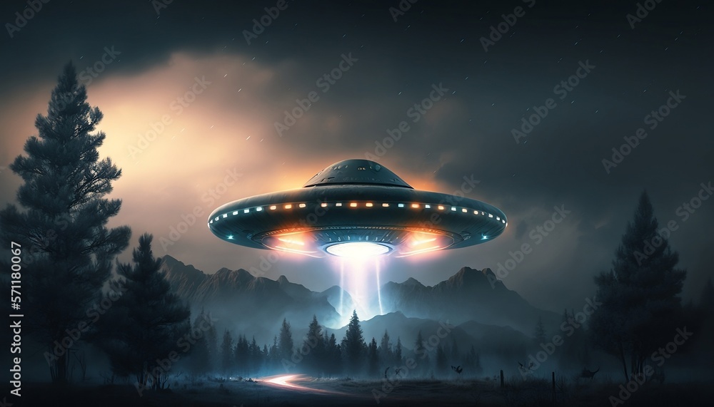 Mysterious Glowing UFOs Fleet Night Sky Illustration in forest - AI ...