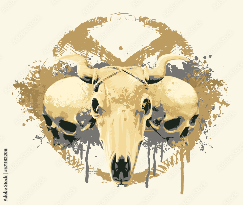 vector bunner with human and cow skulls. black spots and an inverted ...