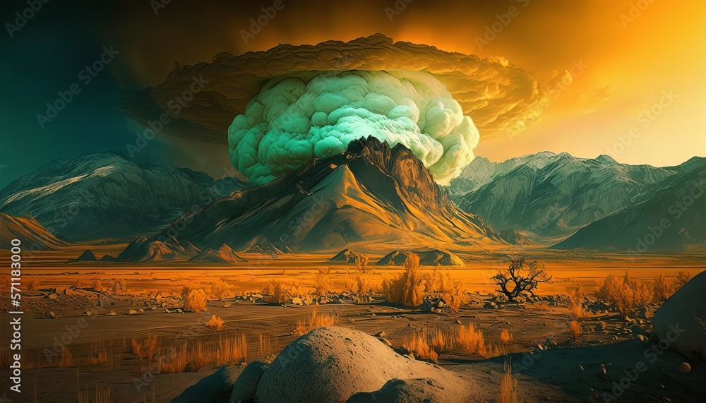 Mountain volcano eruption background. Nuclear clouds nature disaster ...