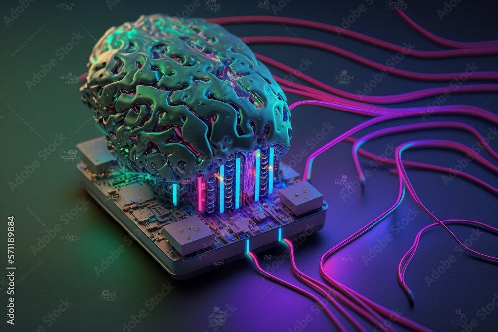 Neuroprocessor. An abstract 3D illustration of a chip processor with bioluminescent elements ...
