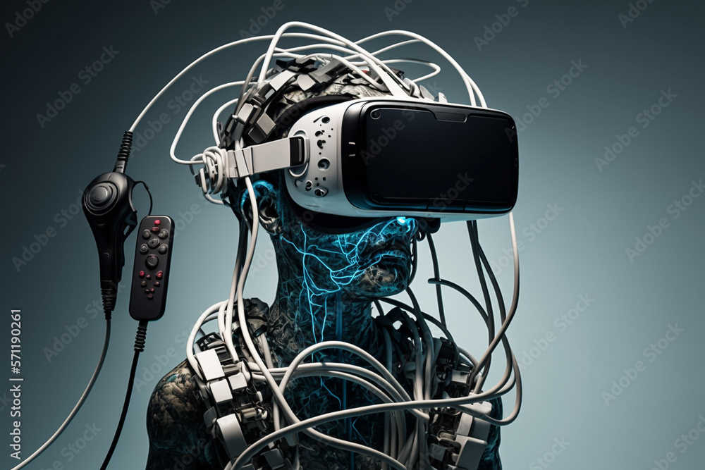 Futuristic robot wearing a VR headset, immersed in a virtual world with ...