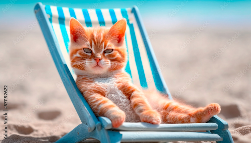 Striped orange kitten relaxes and lies in a beach chair on the ocean ...