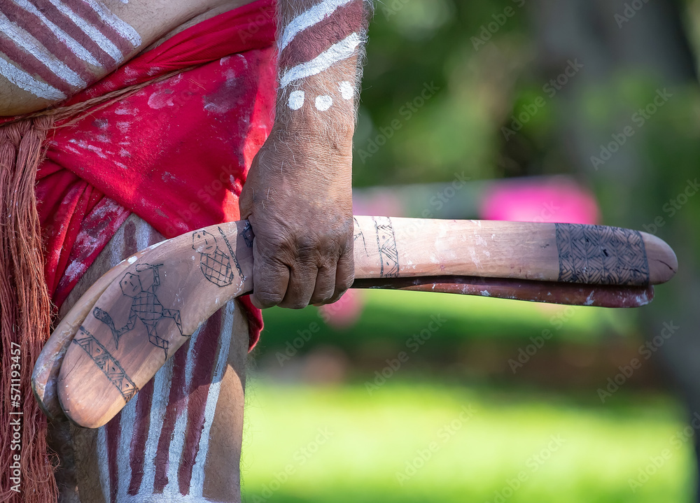 Australian Aboriginal culture, human hands are holding boomerangs, the ...