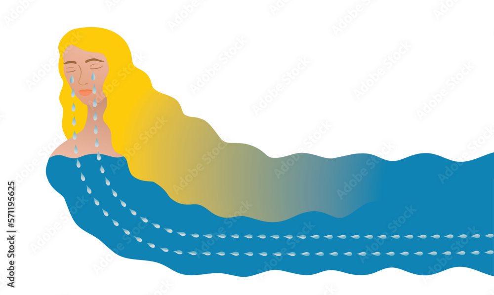 Woman crying with tears making a wavy river. Isolated on white. Vector ...