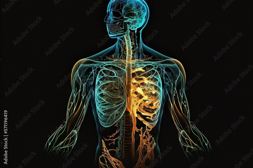 Human body with transparency, featuring bioluminescent lines that ...