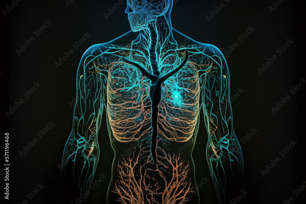 Human body with transparency, featuring bioluminescent lines that ...