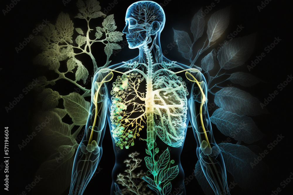 Human body with transparency, featuring bioluminescent lines that ...