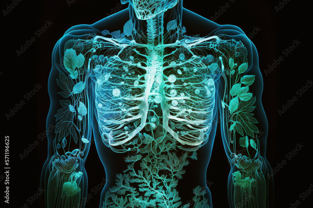 Human body with transparency, featuring bioluminescent lines that ...