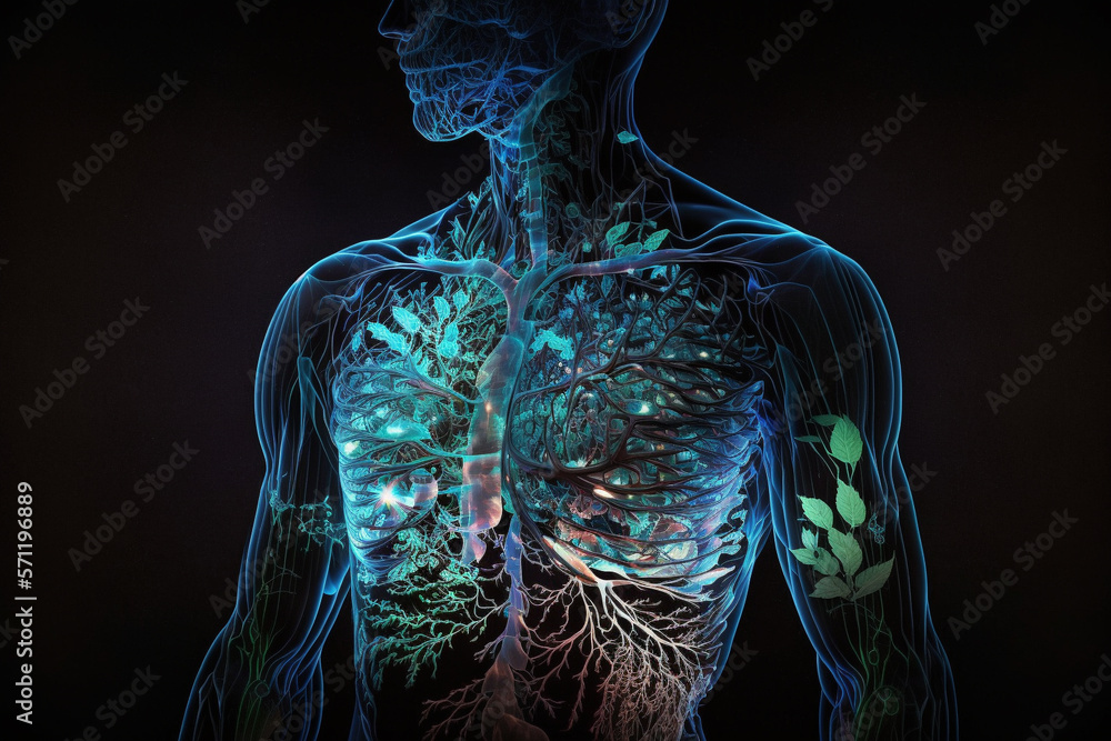 Human body with transparency, featuring bioluminescent lines that ...