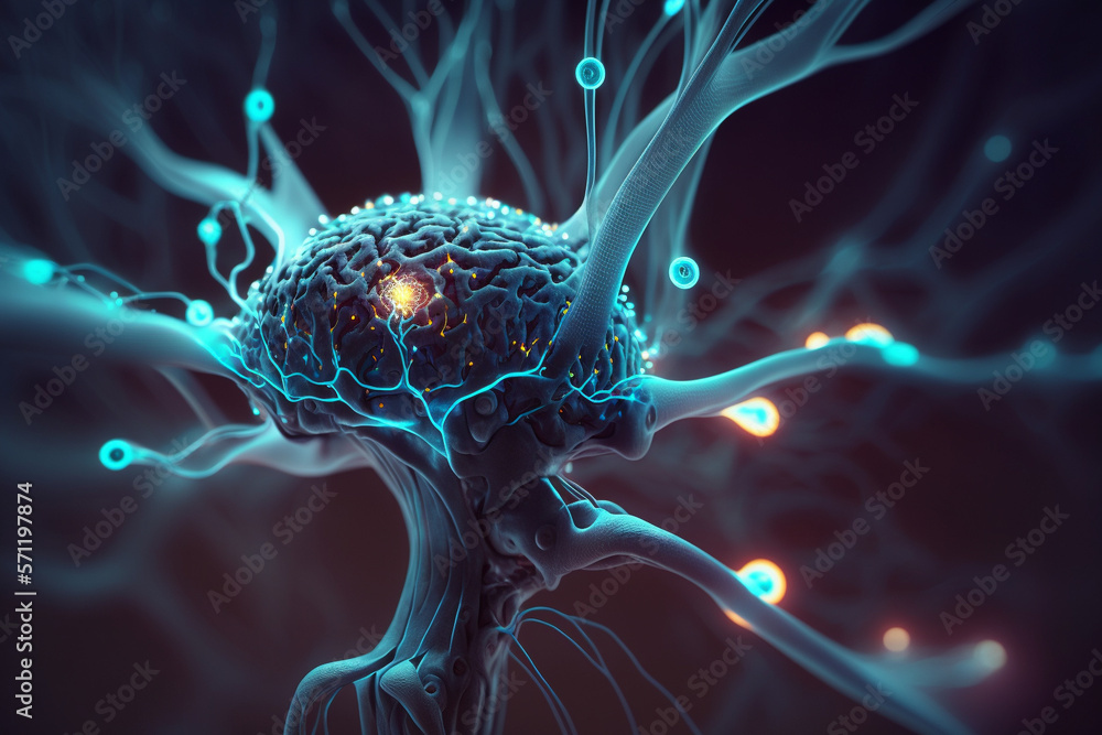 Neural network with glowing bioluminescence. The image represents the ...