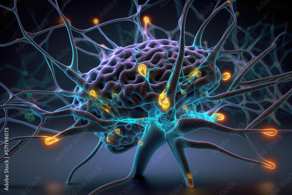 Neural network with glowing bioluminescence. The image represents the ...