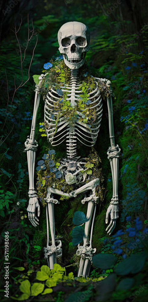 Decomposing human skeleton in, with overgrown moss lying in plants in a ...