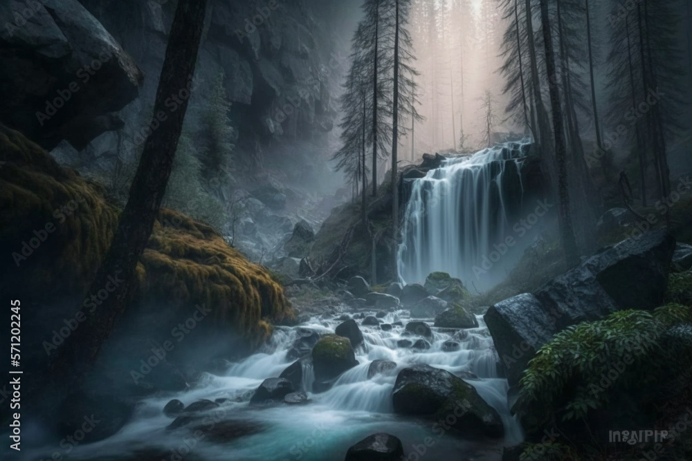 Waterfall in a forest with mist and fog, creating a beautiful and ...