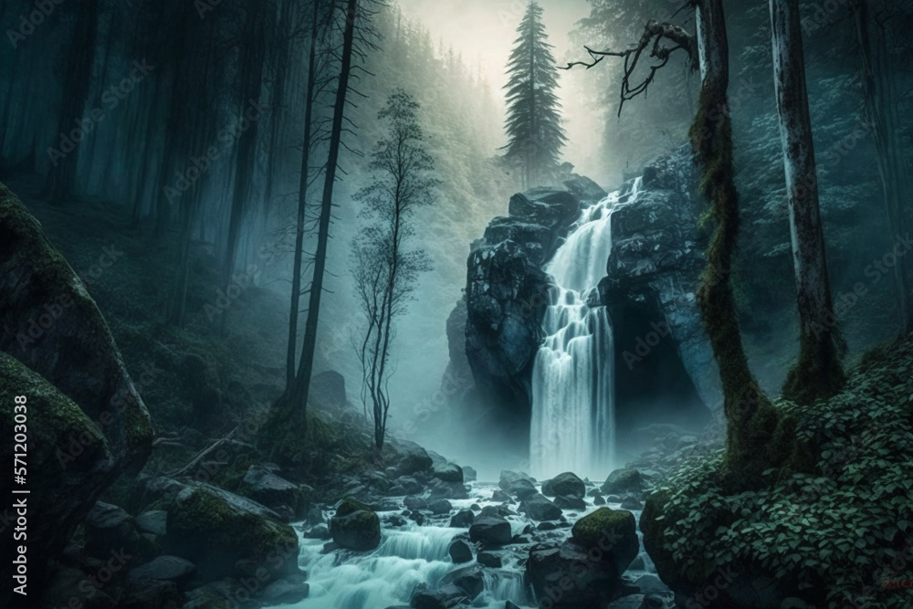 Waterfall in a forest with mist and fog, creating a beautiful and ...