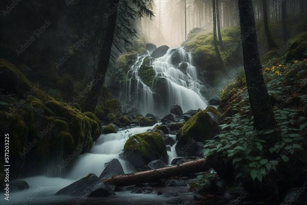 Waterfall in a forest with mist and fog, creating a beautiful and ...