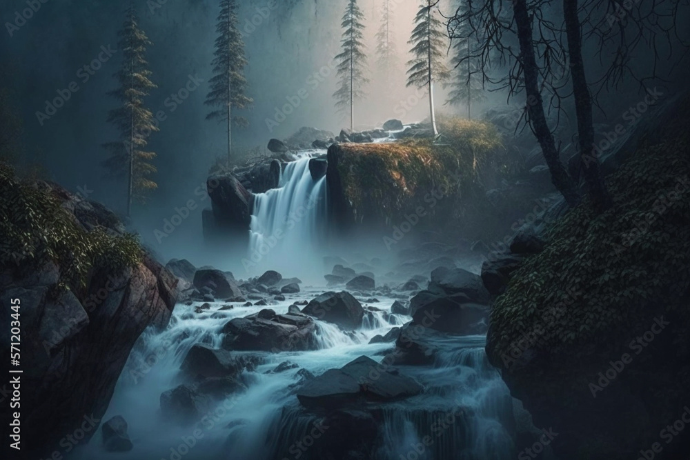 Waterfall in a forest with mist and fog, creating a beautiful and ...